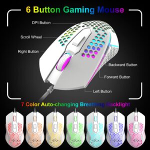 Gaming Keyboard and Mouse Combo Mini Portable with Chroma RGB Backlit Ergonomic 62Key Layout 19Key Anti-ghosting Mechanical Feel 3200DPI Honeycomb Mice USB Wired for PC Mac Gamer Laptop Typists(White)