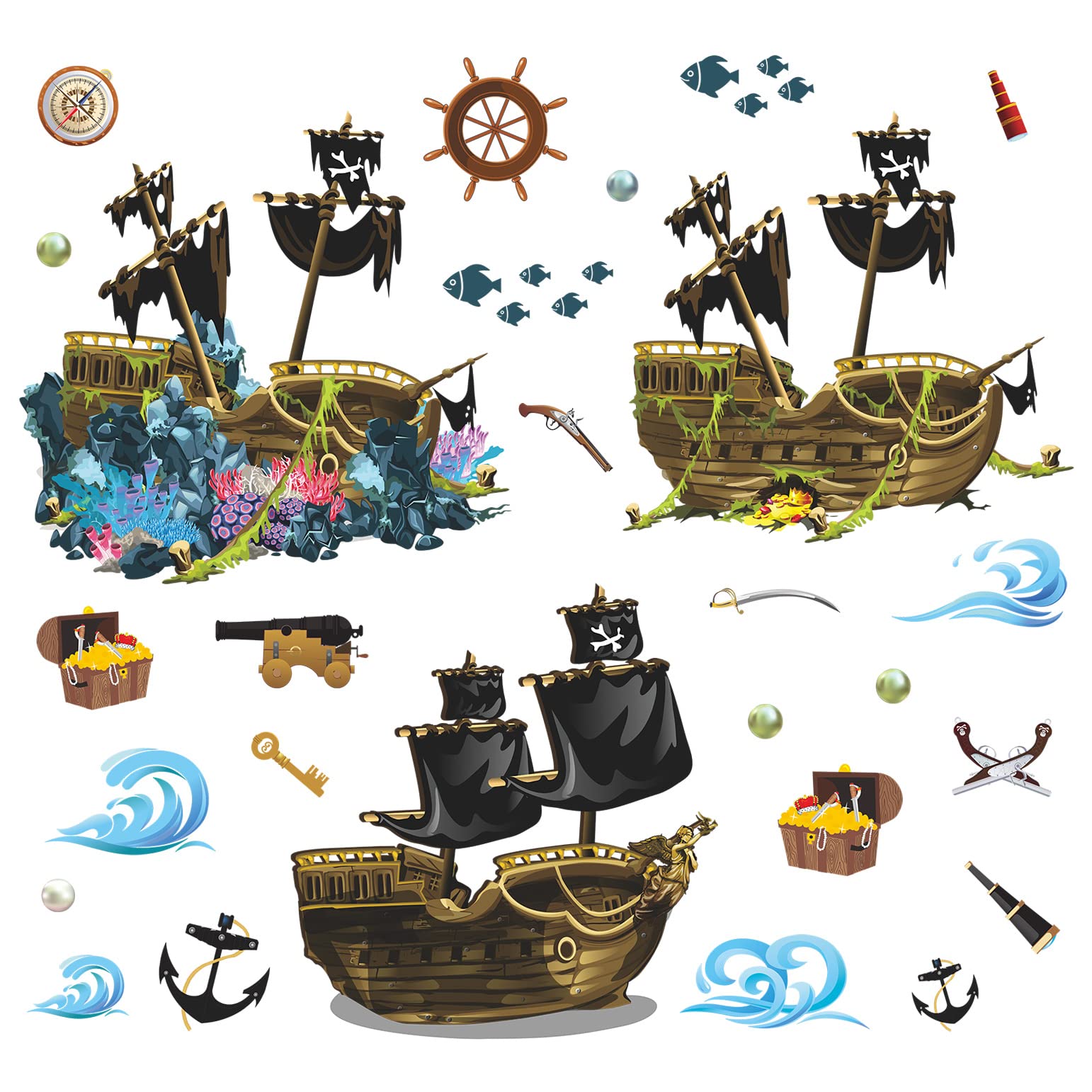 3D Pirate Ship Wall Decals Shipwreck Wall Stickers Underwater Theme DIY Removable Shipwreck Fish Jewelry Seaweed Coral Pearl Waves Sea View Wall Decor for Kids Boys Bedroom Nursery Playroom DT-4943