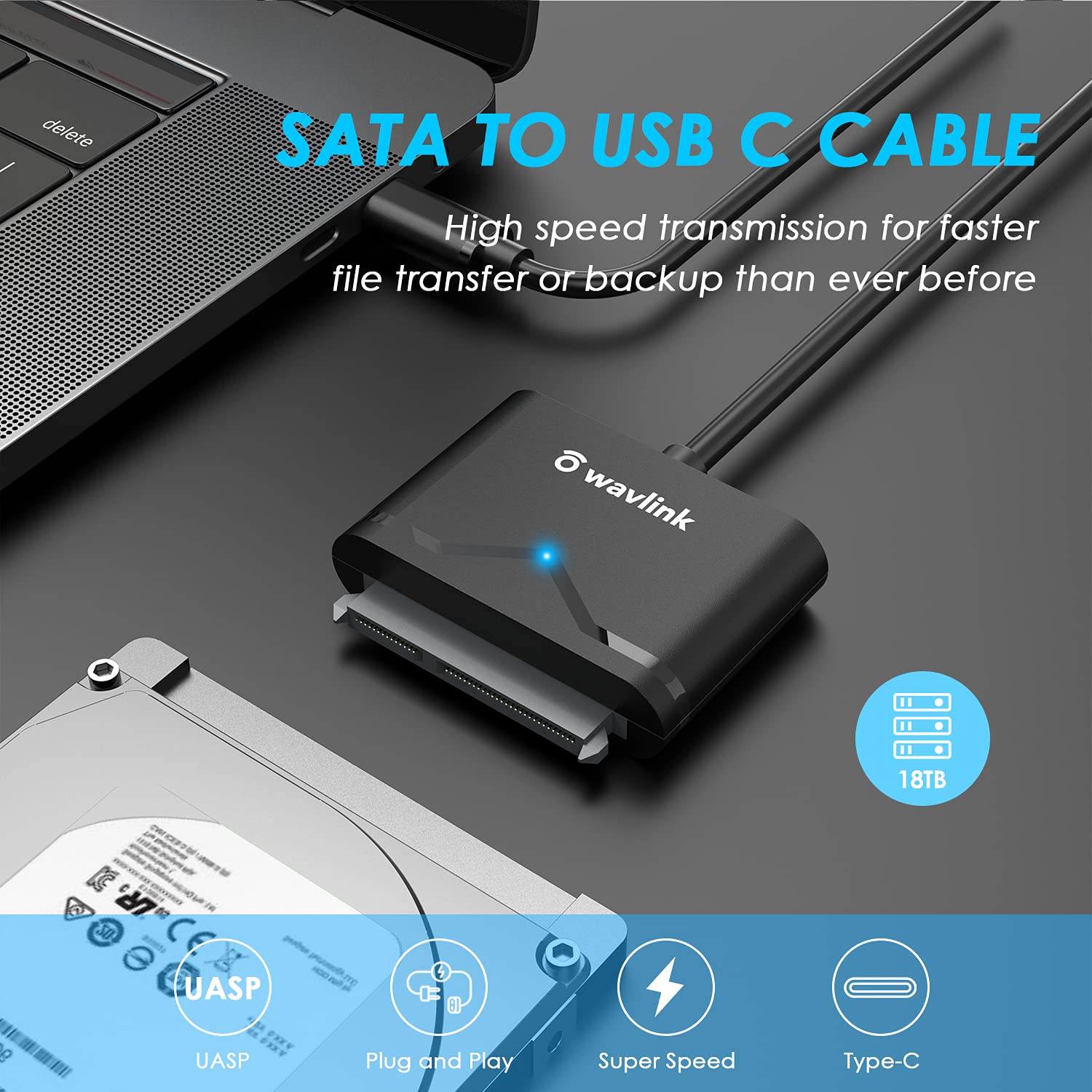 WAVLINK SATA to USB C Adapter Cable, USB-C (Thunderbolt 3) to SATA III Hard Driver Adapter Compatible for 2.5" SSD and HDD Hard Drive 5Gbps SATA III UASP