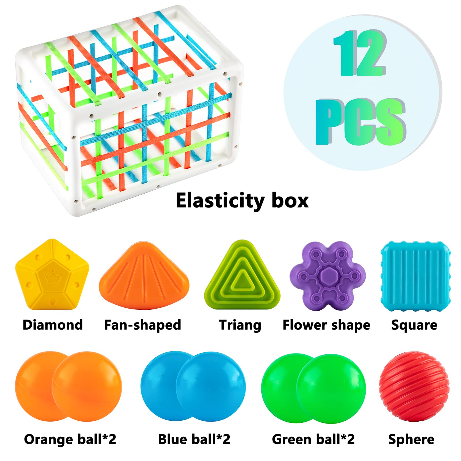 YAPIGO Baby Sensory Bin Shape Sorting Toys,Sensory Sorting Bin with Elastic Bands,Montessori Toys for 1 2 3 Year Old Baby,Baby Early Learning Toys Gifts(12pcs)