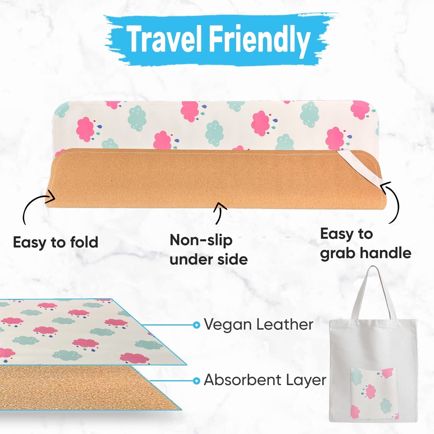 Suqoon Portable Baby Diaper Changing Pad - 16" x 30" - Waterproof, Foldable - Vegan Leather Stylish Mat for Newborns & Toddlers - Carry Along in Your Bag - Ideal for Mothers - Clouds