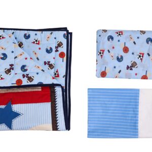 CribMATE 3 PCs Blue Sport Nursery Crib Bedding Set Baby Boy Sports Theme Cot Bedding Set 1 Quilt 1 Fitted Sheet 1 Skirt, Blue , Red , Brown, 28 X 52