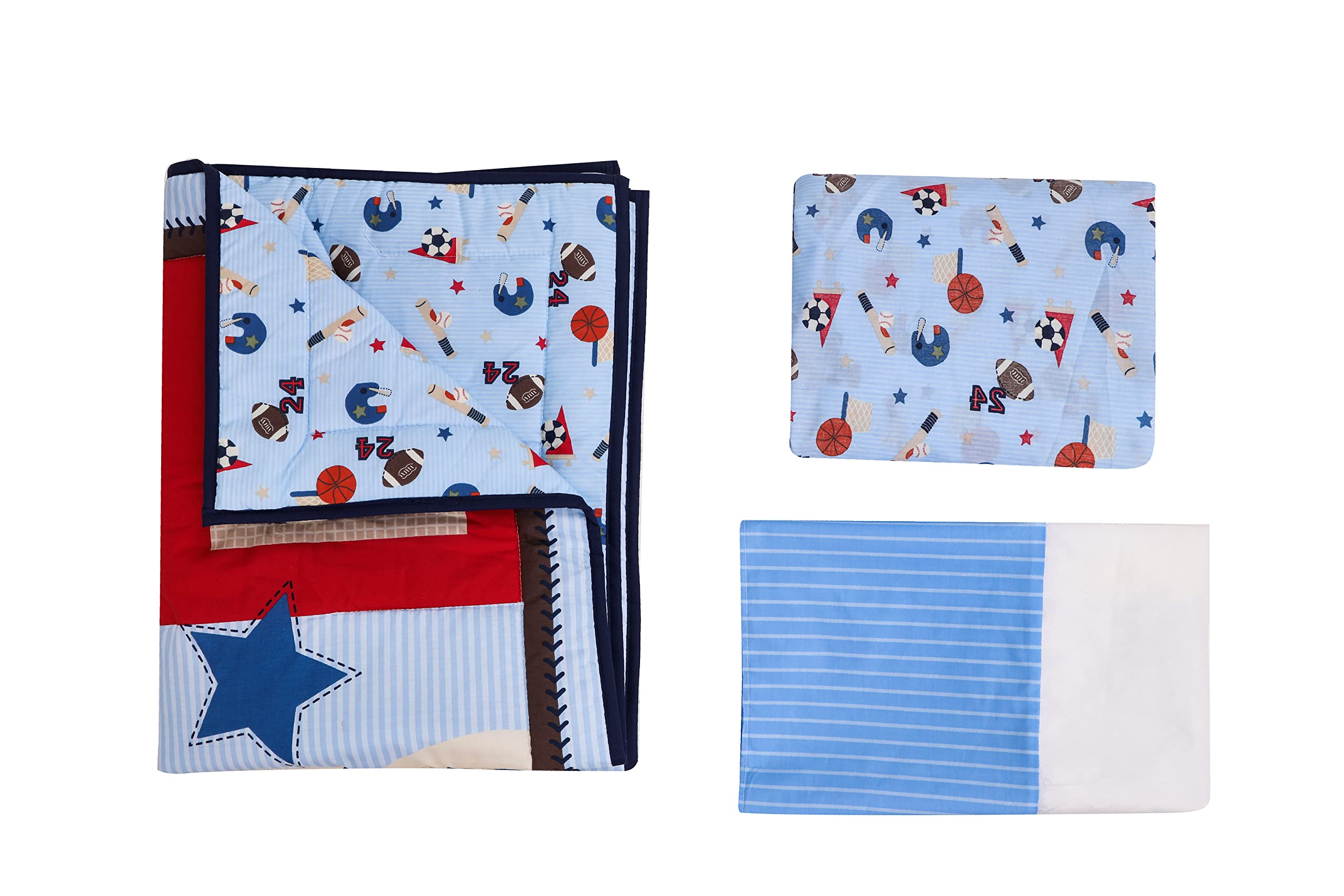 CribMATE 3 PCs Blue Sport Nursery Crib Bedding Set Baby Boy Sports Theme Cot Bedding Set 1 Quilt 1 Fitted Sheet 1 Skirt, Blue , Red , Brown, 28 X 52