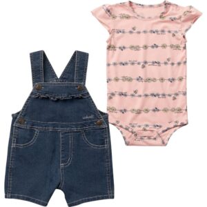 carhartt baby girls short-sleeve daisy chain print bodysuit shortall set, denim medium wash, 12 months