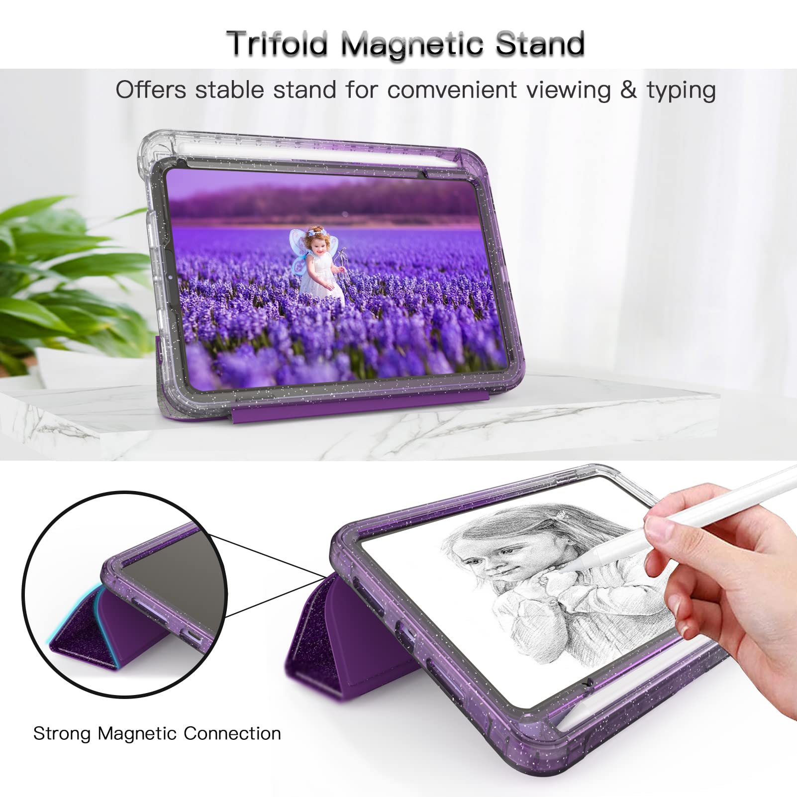 TIMISM for iPad Mini 7 A17 Pro Case, iPad Mini 7th/6th Generation Case (2024/2021), with Pencil Holder, Glitter Sparkly Leather Cover Clear TPU Back, Trifold Stand Folio Smart Case, Gradient Purple