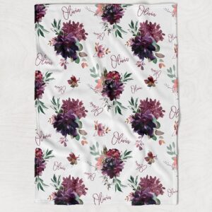 Stork Wares Violet Burgundy Floral Personalized Baby Girl Swaddle Blanket, White, 30x40', (BB336)