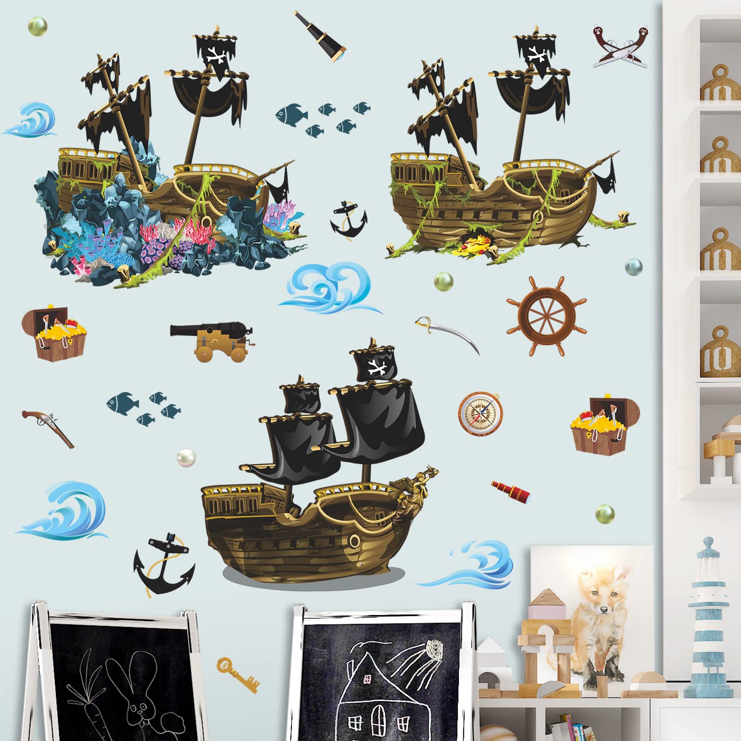 3D Pirate Ship Wall Decals Shipwreck Wall Stickers Underwater Theme DIY Removable Shipwreck Fish Jewelry Seaweed Coral Pearl Waves Sea View Wall Decor for Kids Boys Bedroom Nursery Playroom DT-4943