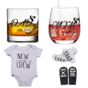 pregnancy gifts for first time moms – mom and dad est 2024 11 oz whiskey glass gift set with romper (0-3 months) and baby socks ​- top new parents gifts for mom and dad to be - baby shower