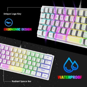 Gaming Keyboard and Mouse Combo Mini Portable with Chroma RGB Backlit Ergonomic 62Key Layout 19Key Anti-ghosting Mechanical Feel 3200DPI Honeycomb Mice USB Wired for PC Mac Gamer Laptop Typists(White)