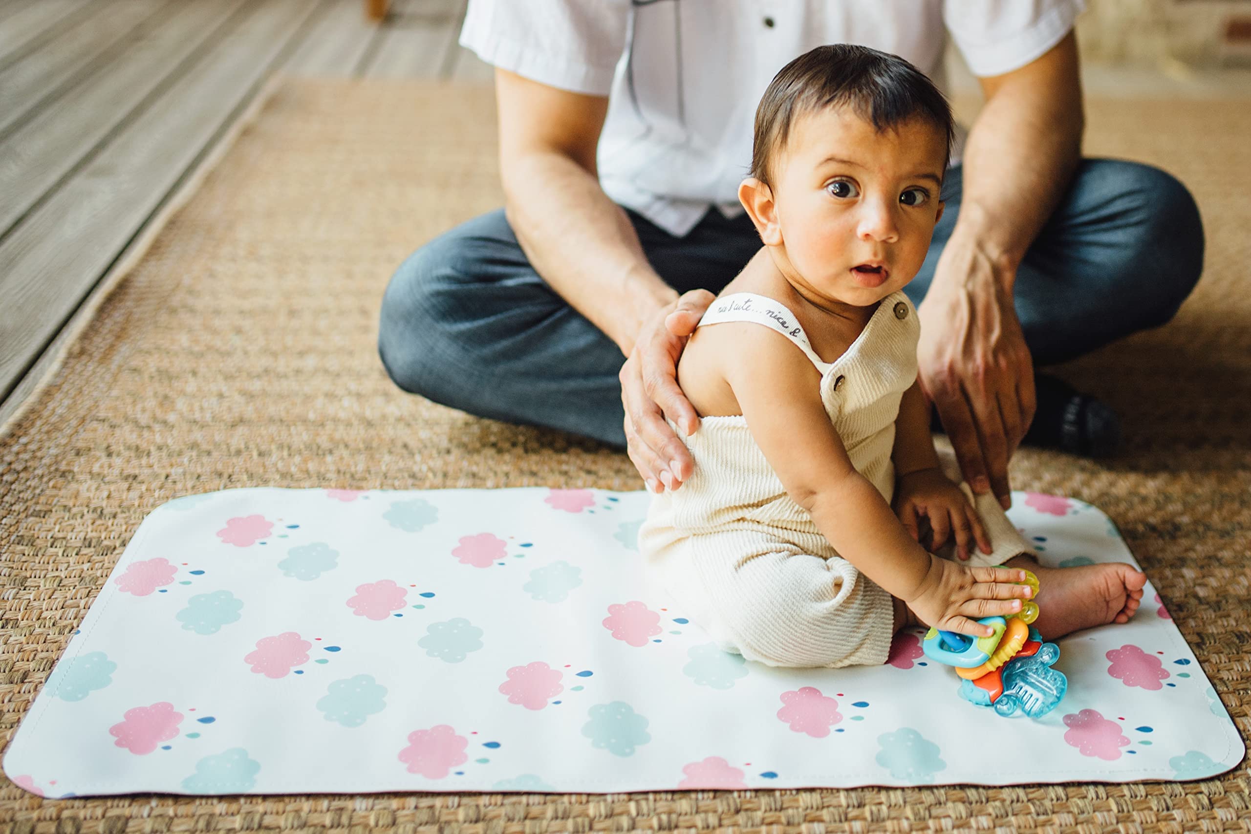 Suqoon Portable Baby Diaper Changing Pad - 16" x 30" - Waterproof, Foldable - Vegan Leather Stylish Mat for Newborns & Toddlers - Carry Along in Your Bag - Ideal for Mothers - Clouds