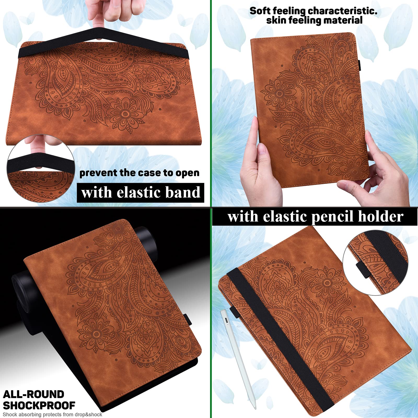 UUcovers for Kindle Fire HD 10 Case 9th/7th/5th Generation 10.1 Inch (2019/2017/2015) with Pencil Holder/Elastic Band/Stand/Magnetic Folio Embossed PU Leather Shockproof Cover, Brown Peacock Flower