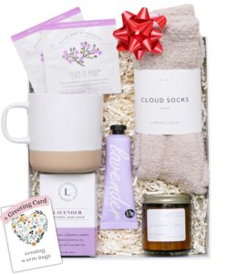 unboxme lavender spa gift set - relaxation gifts for women - get well soon gift basket with scented candle, bath bomb, soap