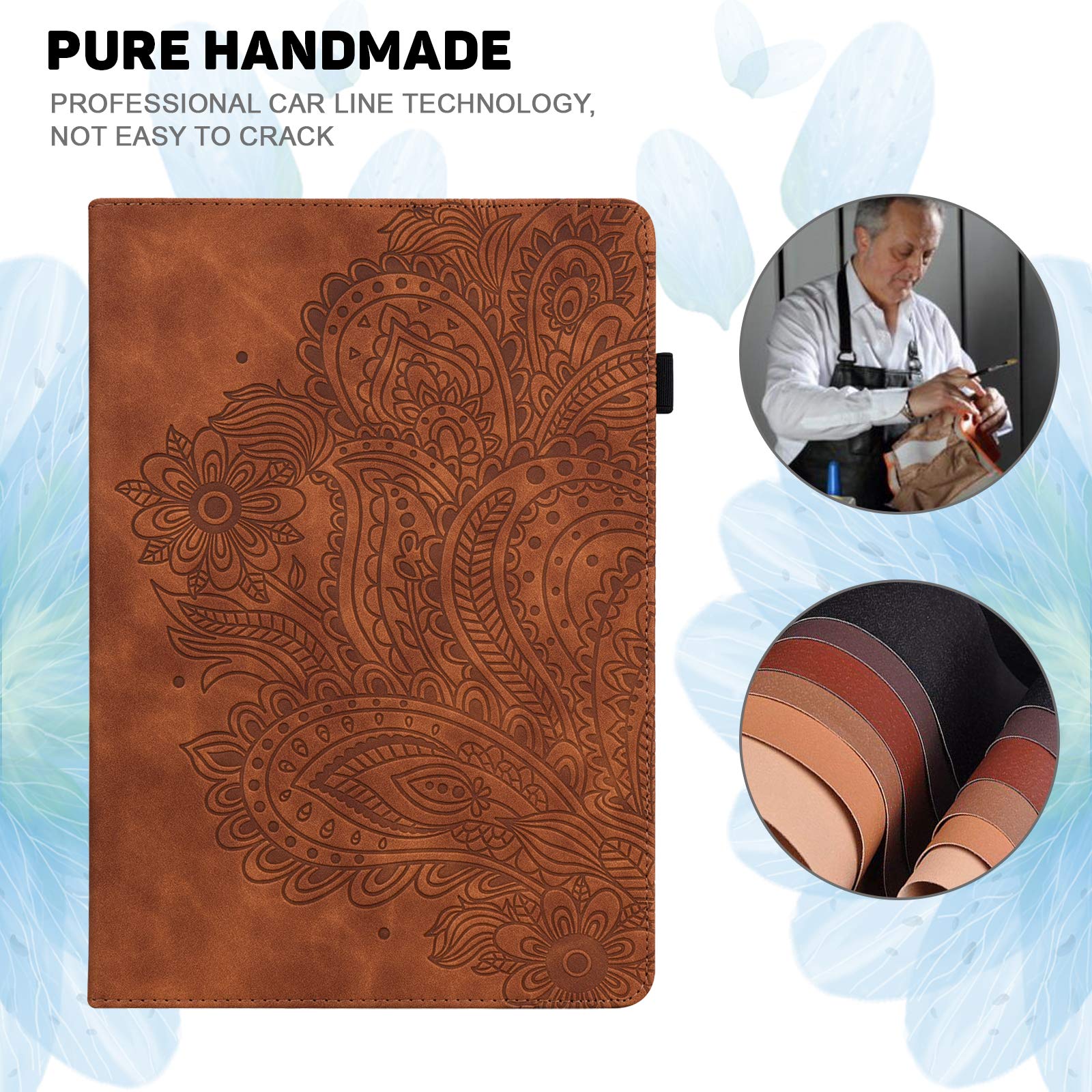 UUcovers for Kindle Fire HD 10 Case 9th/7th/5th Generation 10.1 Inch (2019/2017/2015) with Pencil Holder/Elastic Band/Stand/Magnetic Folio Embossed PU Leather Shockproof Cover, Brown Peacock Flower