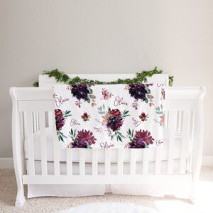 Stork Wares Violet Burgundy Floral Personalized Baby Girl Swaddle Blanket, White, 30x40', (BB336)