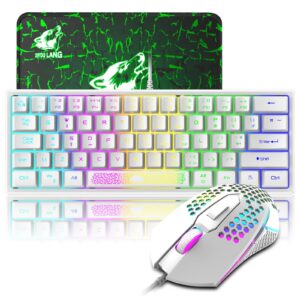 gaming keyboard and mouse combo mini portable with chroma rgb backlit ergonomic 62key layout 19key anti-ghosting mechanical feel 3200dpi honeycomb mice usb wired for pc mac gamer laptop typists(white)