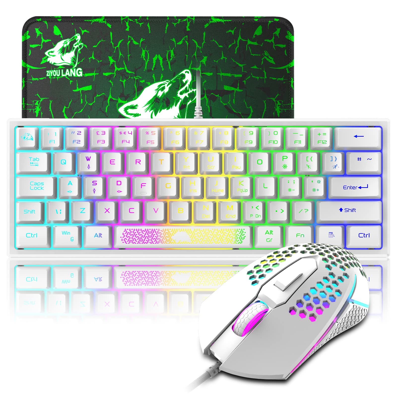 Gaming Keyboard and Mouse Combo Mini Portable with Chroma RGB Backlit Ergonomic 62Key Layout 19Key Anti-ghosting Mechanical Feel 3200DPI Honeycomb Mice USB Wired for PC Mac Gamer Laptop Typists(White)