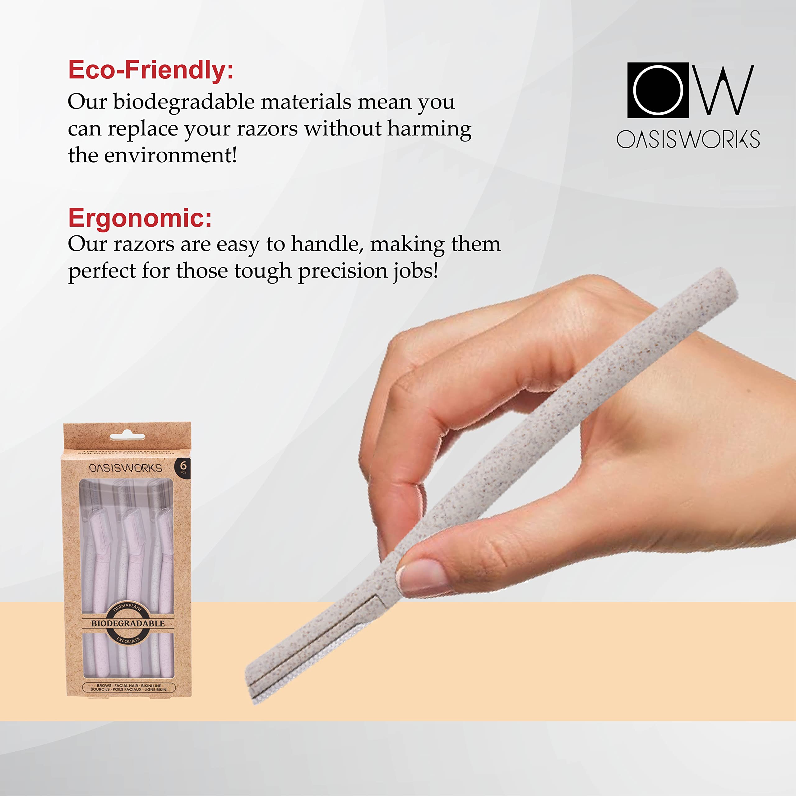 OASISWORKS Dermaplane Eyebrow Razor for Women | 6 pc. Eco-Friendly Biodegradable Hair Trimmer and Face Razor for Women | Eyebrow Trimming | Removable Blades Made from Biodegradable Materials