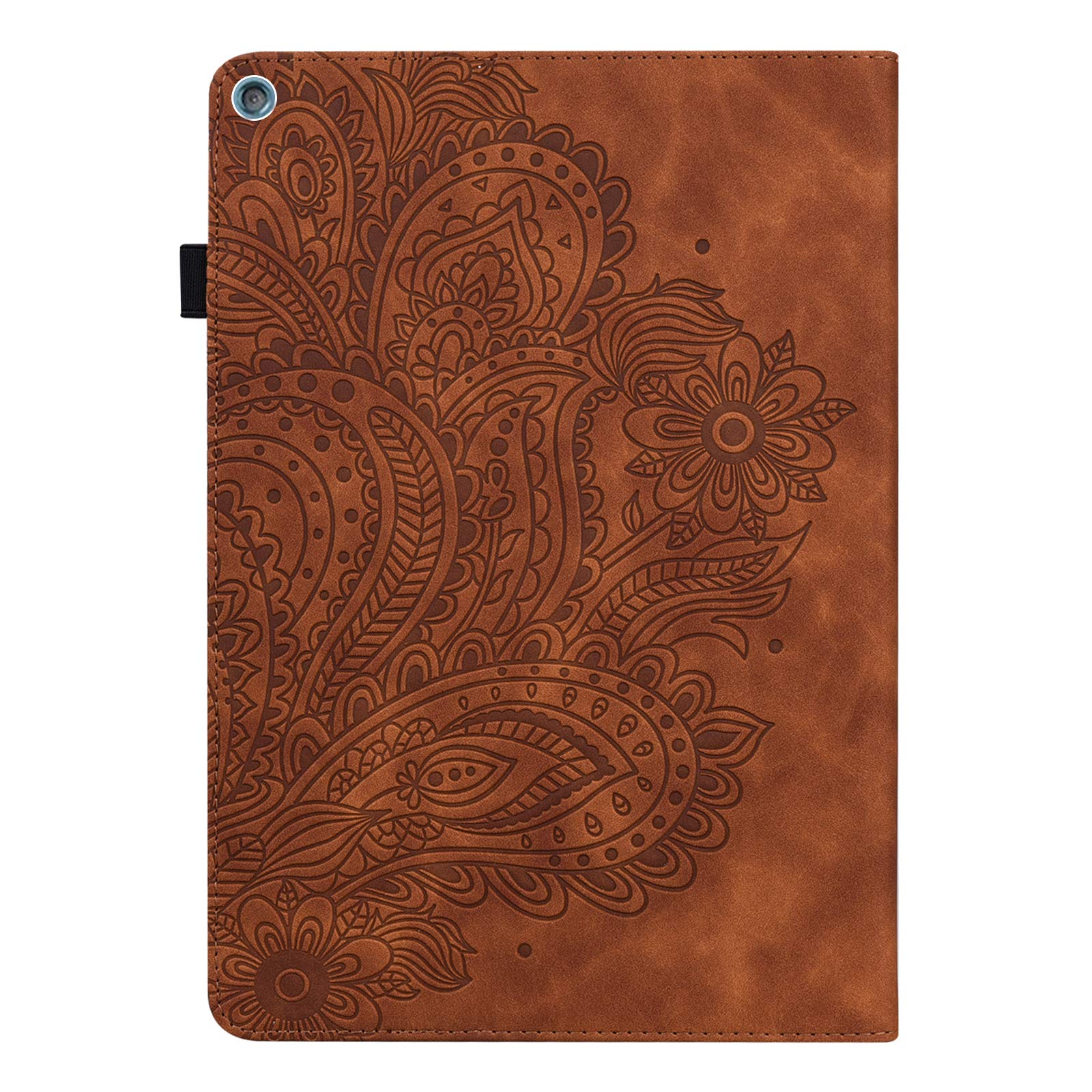 UUcovers for Kindle Fire HD 10 Case 9th/7th/5th Generation 10.1 Inch (2019/2017/2015) with Pencil Holder/Elastic Band/Stand/Magnetic Folio Embossed PU Leather Shockproof Cover, Brown Peacock Flower