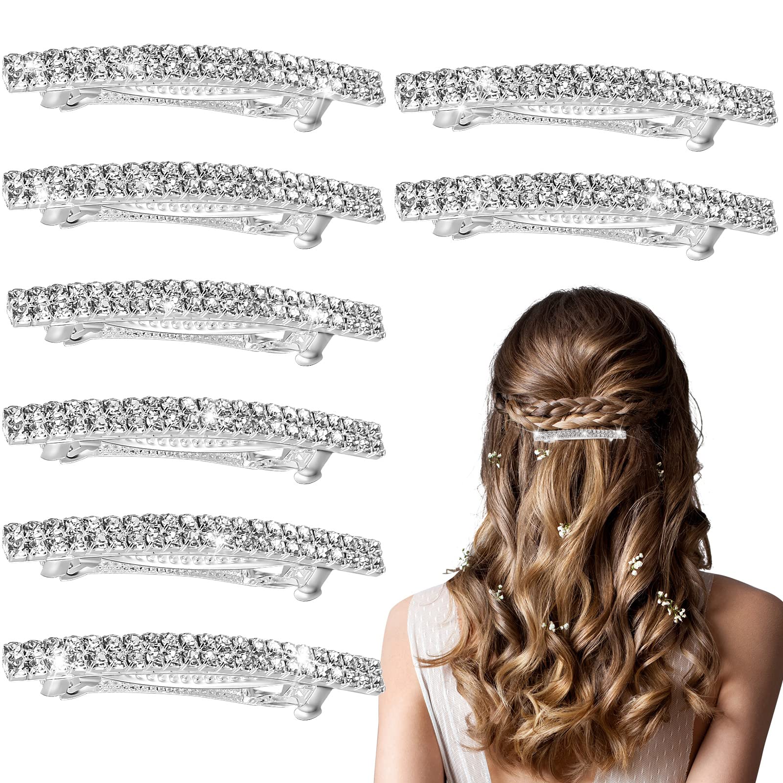 8 Pieces Rhinestone Hair Barrettes Bling Silver Hair Clips Metal Spring Hair Grip Clips Two Row Rhinestone Hair Clips Rhinestone Hair Pin Hair Jewelry Accessories Crystal Clips for Women