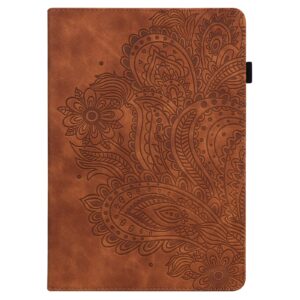 UUcovers for Kindle Fire HD 10 Case 9th/7th/5th Generation 10.1 Inch (2019/2017/2015) with Pencil Holder/Elastic Band/Stand/Magnetic Folio Embossed PU Leather Shockproof Cover, Brown Peacock Flower