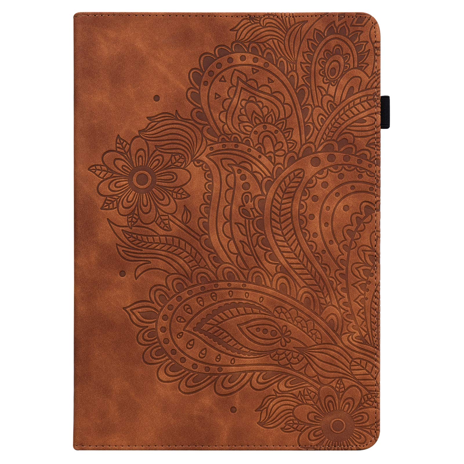 UUcovers for Kindle Fire HD 10 Case 9th/7th/5th Generation 10.1 Inch (2019/2017/2015) with Pencil Holder/Elastic Band/Stand/Magnetic Folio Embossed PU Leather Shockproof Cover, Brown Peacock Flower