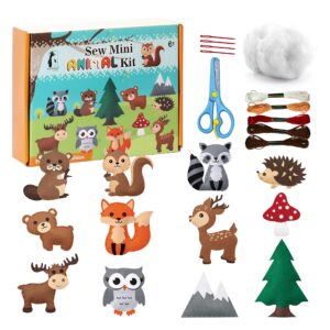 sew mini animal plushies craft kit for kids – sew and stuff 12 animal themed mini plushies for girls, sewing craft for beginners, learn to sew arts and crafts set, pre-cut and pre-punched sewing kit