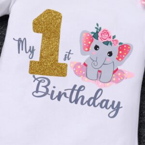 IDOPIP Elephant 1st Birthday Outfit for Baby Girl Elephant Romper + Ruffle Tulle Tutu Skirt + Headband 3PCS Clothes Set for Elephant Theme Jungle Zoo Birthday Cake Smash Photo Shoot Pink 1 Year