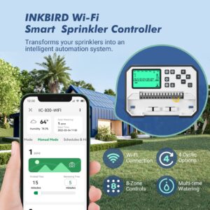 Inkbird Smart Sprinkler Controller WiFi 8 Zone, Indoor Irrigation System Controller, 8 Station, Remote Monitoring, Seasonal Adjustment