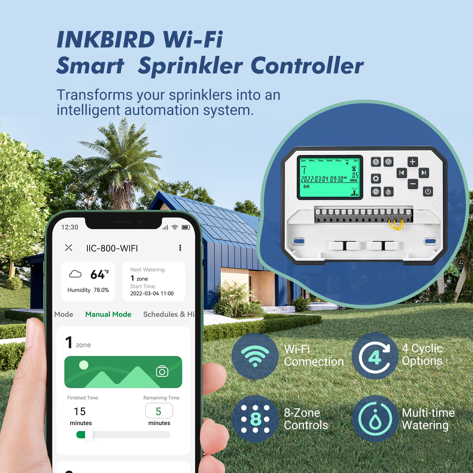 Inkbird Smart Sprinkler Controller WiFi 8 Zone, Indoor Irrigation System Controller, 8 Station, Remote Monitoring, Seasonal Adjustment