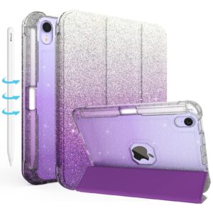 timism for ipad mini 7 a17 pro case, ipad mini 7th/6th generation case (2024/2021), with pencil holder, glitter sparkly leather cover clear tpu back, trifold stand folio smart case, gradient purple