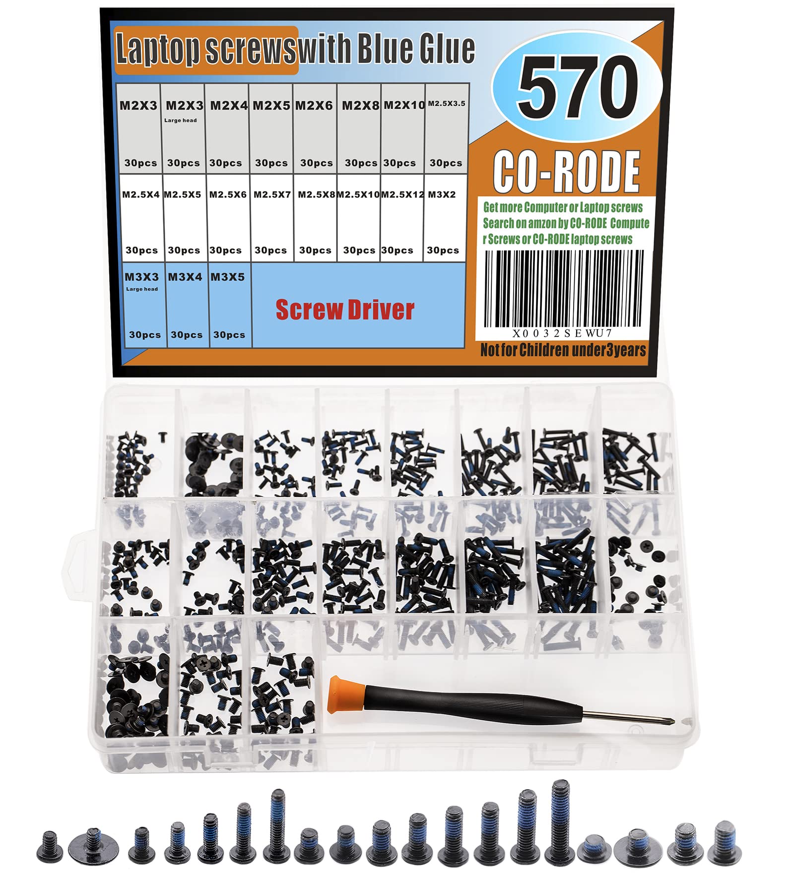 CO-RODE 571pcs 19-Size Laptop Screws, Computer Screw Set w/Blue Glue,Screw Driver, for SSD Motherboard Fan Power Graphics Hard Drive