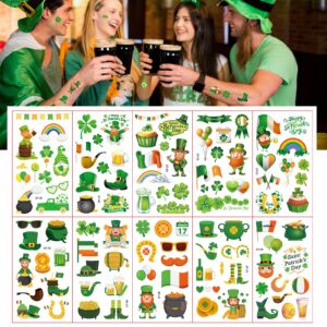 qucheng st patricks day temporary tattoos body face stickers shamrock clover irish flag party favors accessories kids adult 10 sheets (type a), green