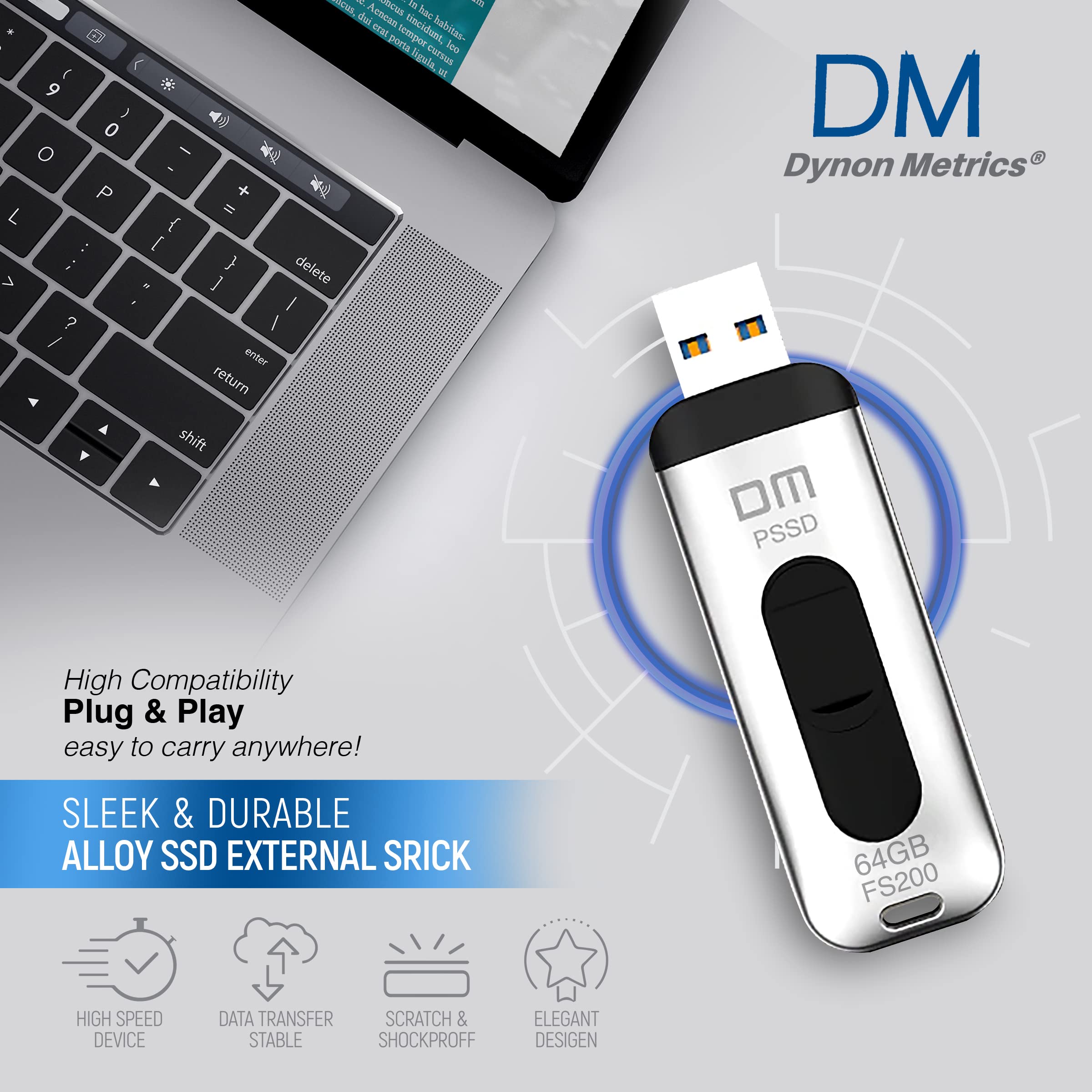 Dynon Metrics External SSD Flash Drive – External SSD Drive with Retractable USB-A Connectivity – Portable SSD for Travel, Office, Work from Home – Sleek and Durable Alloy SSD External Stick 256 GB