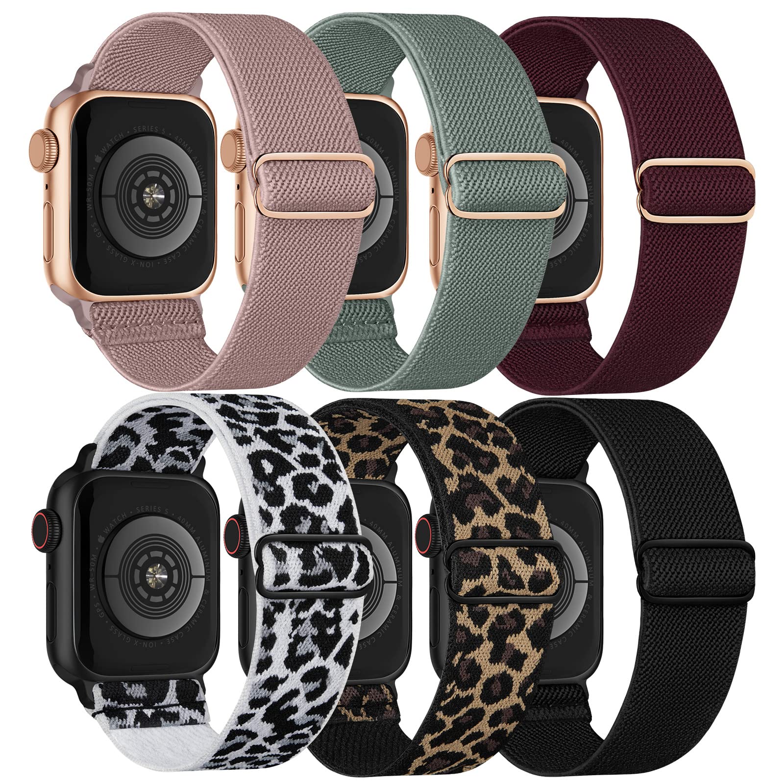 Stretchy Nylon Solo Loop 6-Pack Compatible with Apple Watch Band 38mm 40mm 41mm 42mm 44mm 45mm 46mm 49mm, Nylon Sport Elastic Wristbands Strap Women Men for iWatch Series 10 9 8 7 6 5 4 3 SE Ultra 2