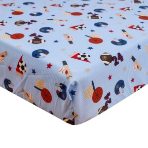 CribMATE 3 PCs Blue Sport Nursery Crib Bedding Set Baby Boy Sports Theme Cot Bedding Set 1 Quilt 1 Fitted Sheet 1 Skirt, Blue , Red , Brown, 28 X 52