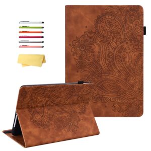 uucovers for kindle fire hd 10 case 9th/7th/5th generation 10.1 inch (2019/2017/2015) with pencil holder/elastic band/stand/magnetic folio embossed pu leather shockproof cover, brown peacock flower