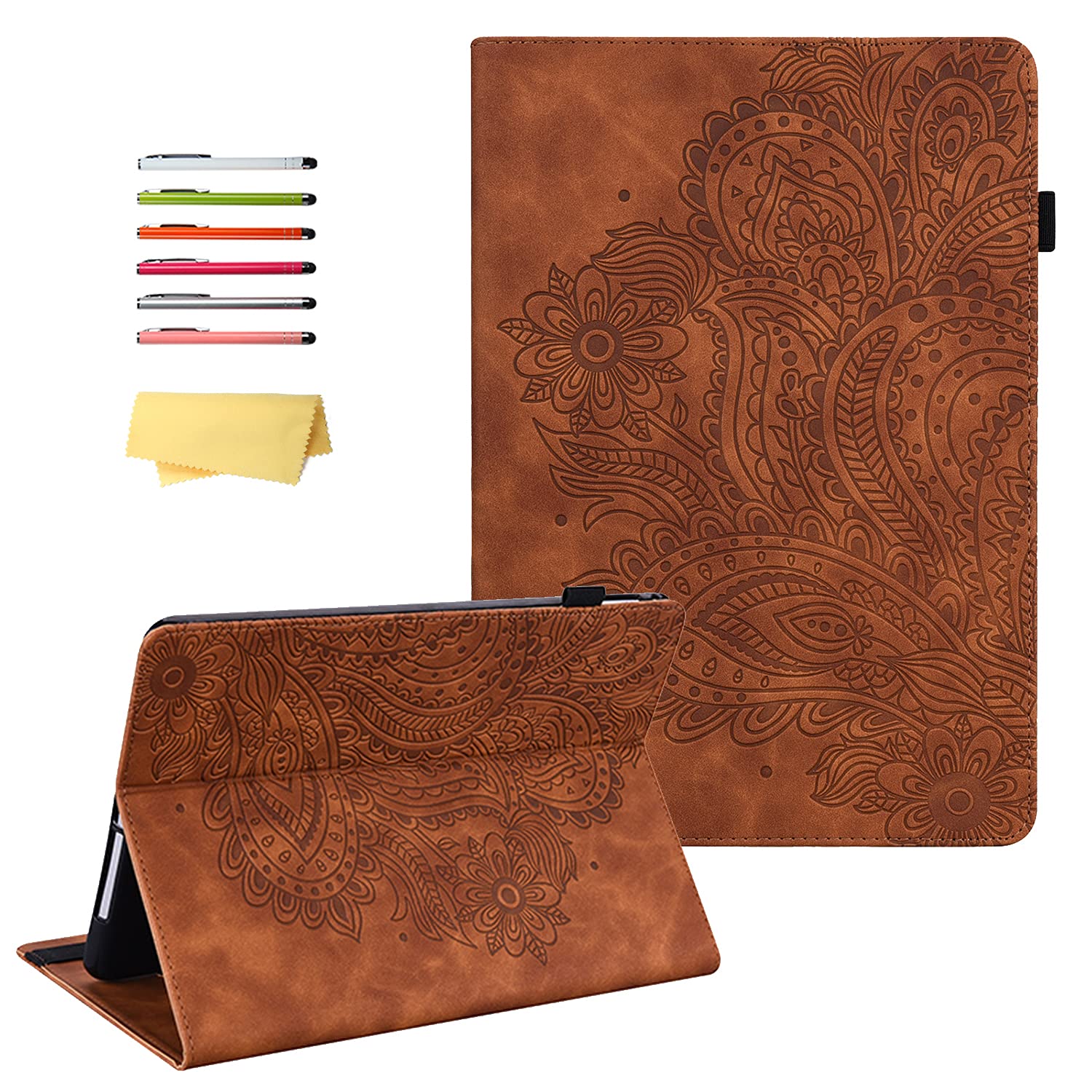 UUcovers for Kindle Fire HD 10 Case 9th/7th/5th Generation 10.1 Inch (2019/2017/2015) with Pencil Holder/Elastic Band/Stand/Magnetic Folio Embossed PU Leather Shockproof Cover, Brown Peacock Flower