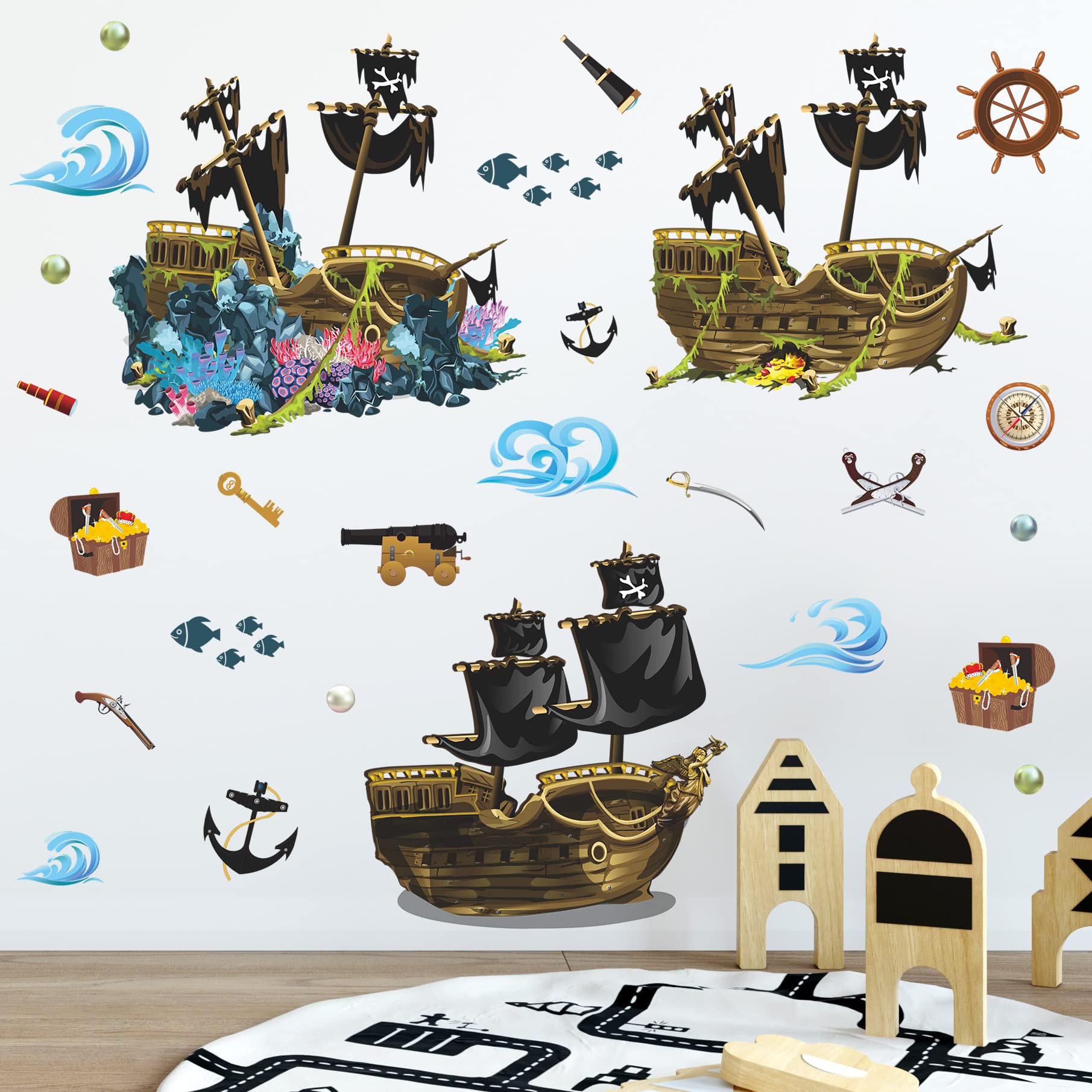 3D Pirate Ship Wall Decals Shipwreck Wall Stickers Underwater Theme DIY Removable Shipwreck Fish Jewelry Seaweed Coral Pearl Waves Sea View Wall Decor for Kids Boys Bedroom Nursery Playroom DT-4943