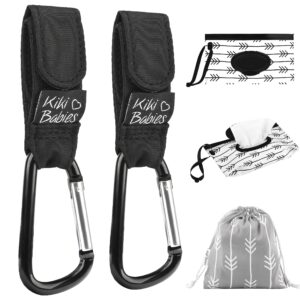 kiki babies 2-pack stroller hooks for bags, multifunctional stroller clip, diaper bag hook, heavy duty carabiner hanger, extra large for baby accessories, bonus wipes case & bag