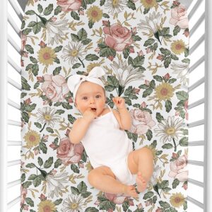 Sweet Jojo Designs Vintage Floral Boho Girl Cotton Fitted Crib Sheet Baby or Toddler Bed Nursery - Blush Pink, Yellow, Green and White Shabby Chic Rose Flower Farmhouse 100% Cotton