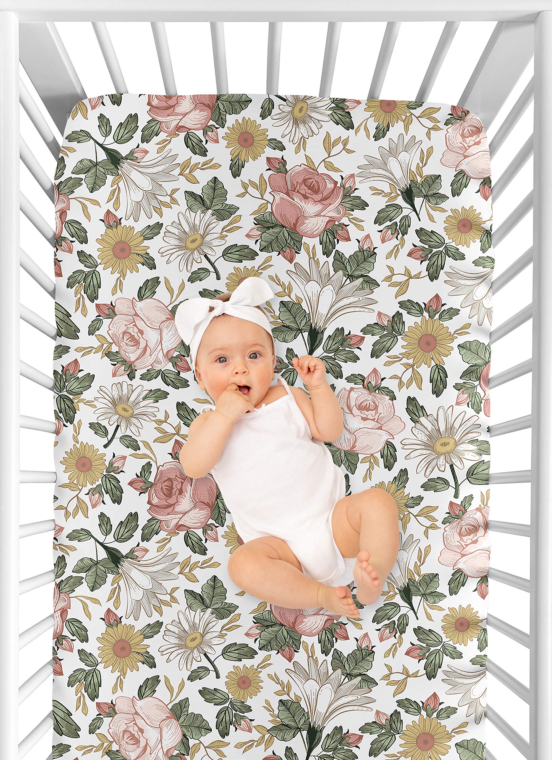 Sweet Jojo Designs Vintage Floral Boho Girl Cotton Fitted Crib Sheet Baby or Toddler Bed Nursery - Blush Pink, Yellow, Green and White Shabby Chic Rose Flower Farmhouse 100% Cotton