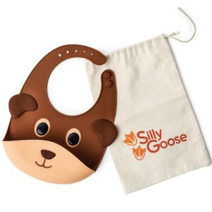 silly goose silicone animal baby bibs for babies and toddlers, waterproof, adjustable, soft, extra wide food catcher pocket (baby bear)