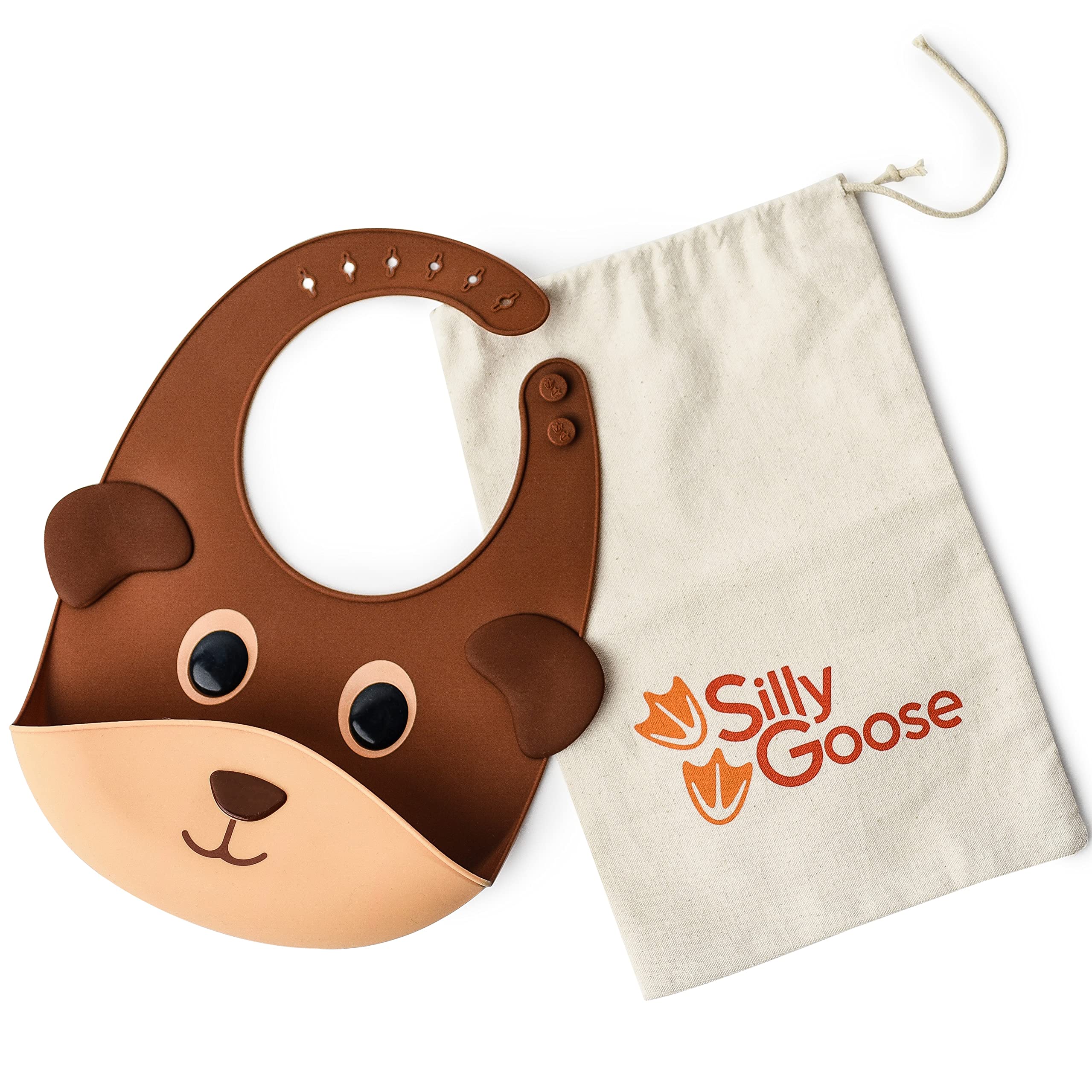 Silly Goose Silicone Animal Baby Bibs for Babies and Toddlers, Waterproof, Adjustable, Soft, Extra Wide Food Catcher Pocket (Baby Bear)