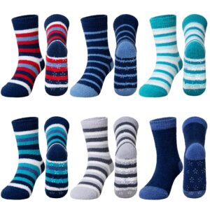 kids fuzzy slipper grip socks boys girls non slip winter thick fluffy warm soft plush thermal crew socks 6 pairs (4-7 years, 6 pairs stripe)