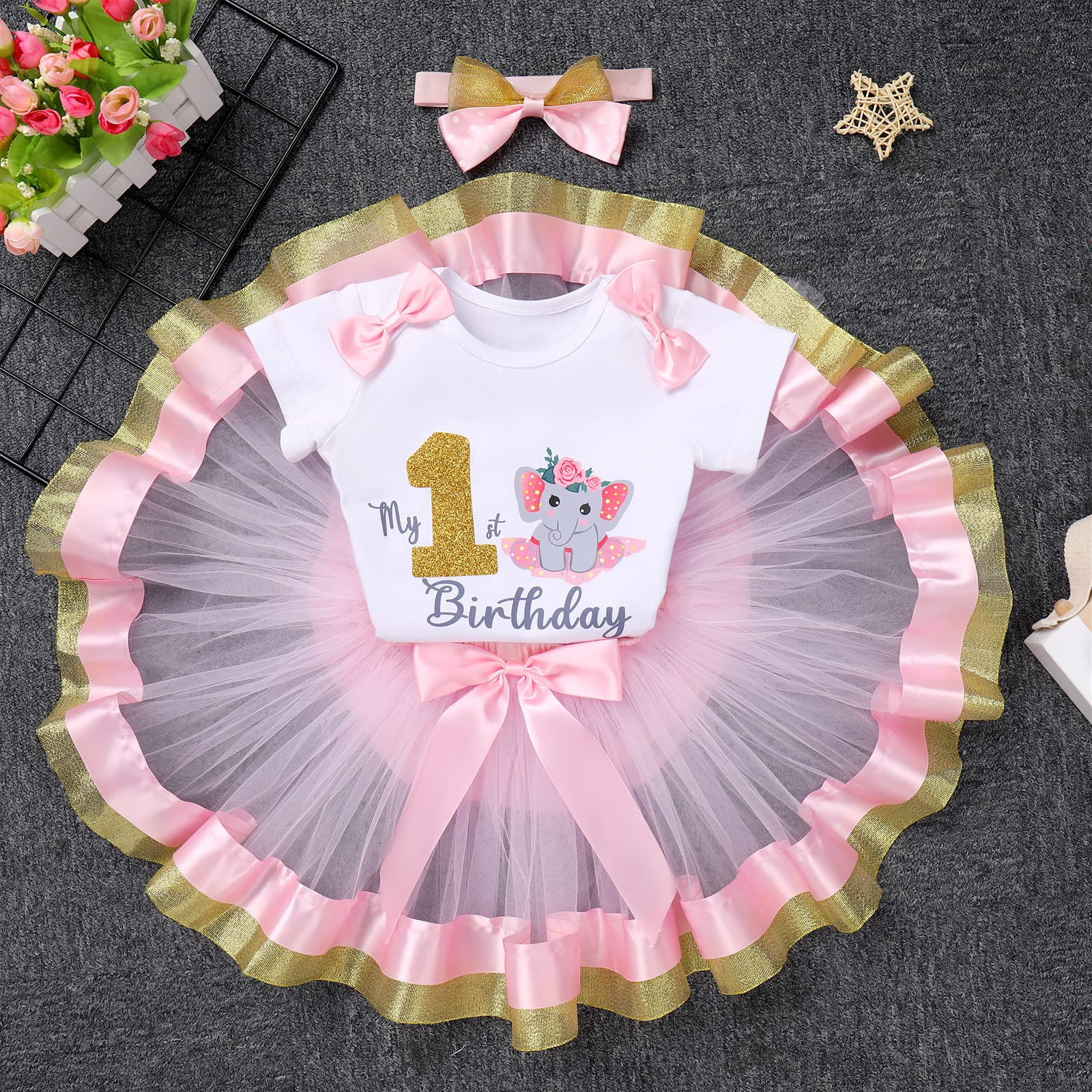 IDOPIP Elephant 1st Birthday Outfit for Baby Girl Elephant Romper + Ruffle Tulle Tutu Skirt + Headband 3PCS Clothes Set for Elephant Theme Jungle Zoo Birthday Cake Smash Photo Shoot Pink 1 Year