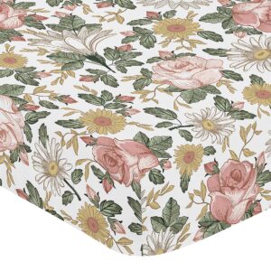 Sweet Jojo Designs Vintage Floral Boho Girl Cotton Fitted Crib Sheet Baby or Toddler Bed Nursery - Blush Pink, Yellow, Green and White Shabby Chic Rose Flower Farmhouse 100% Cotton