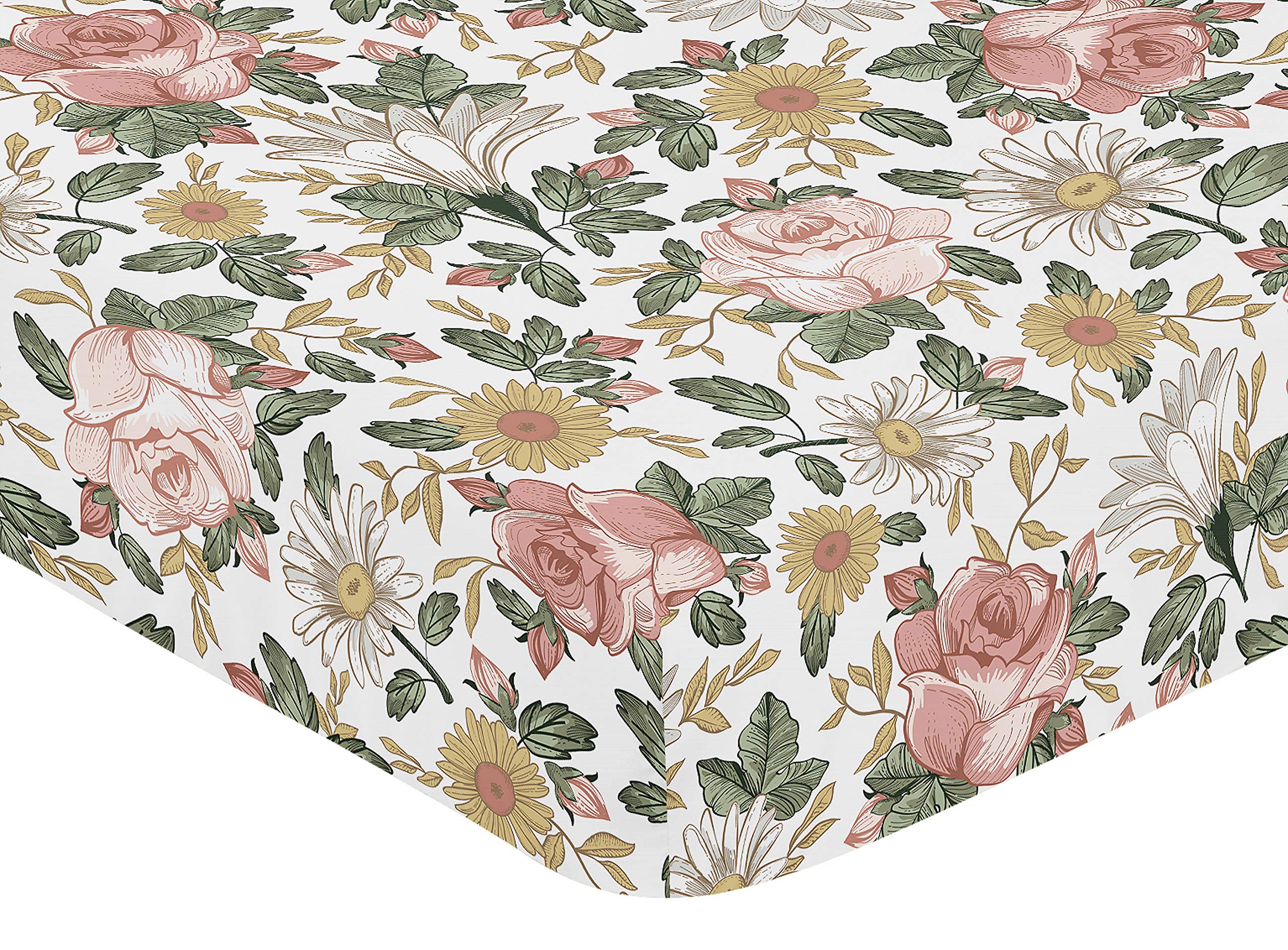 Sweet Jojo Designs Vintage Floral Boho Girl Cotton Fitted Crib Sheet Baby or Toddler Bed Nursery - Blush Pink, Yellow, Green and White Shabby Chic Rose Flower Farmhouse 100% Cotton