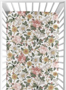 sweet jojo designs vintage floral boho girl cotton fitted crib sheet baby or toddler bed nursery - blush pink, yellow, green and white shabby chic rose flower farmhouse 100% cotton