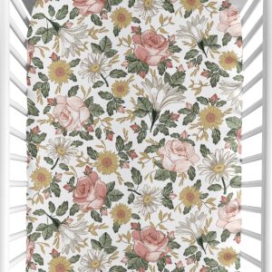 Sweet Jojo Designs Vintage Floral Boho Girl Cotton Fitted Crib Sheet Baby or Toddler Bed Nursery - Blush Pink, Yellow, Green and White Shabby Chic Rose Flower Farmhouse 100% Cotton