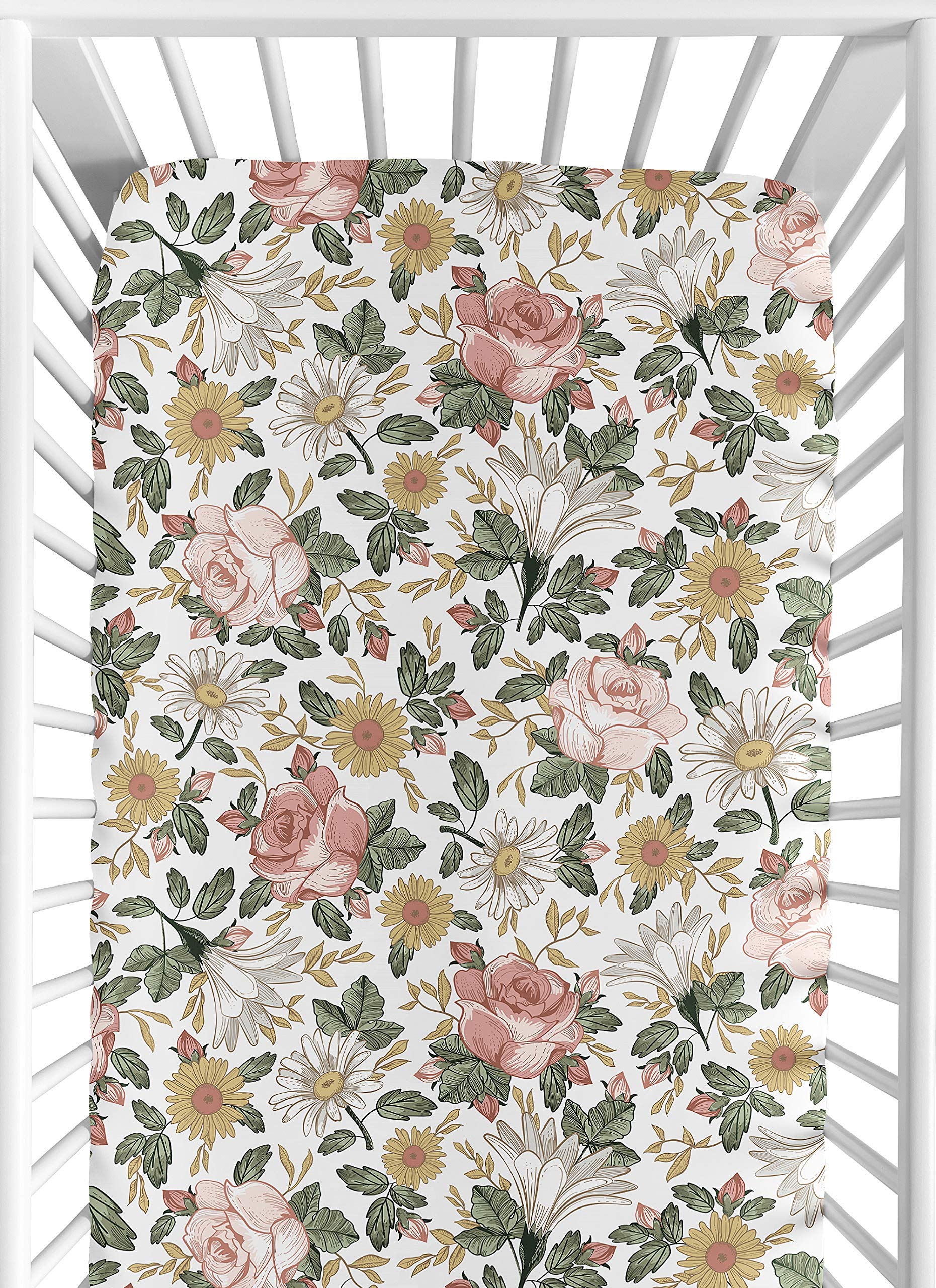 Sweet Jojo Designs Vintage Floral Boho Girl Cotton Fitted Crib Sheet Baby or Toddler Bed Nursery - Blush Pink, Yellow, Green and White Shabby Chic Rose Flower Farmhouse 100% Cotton